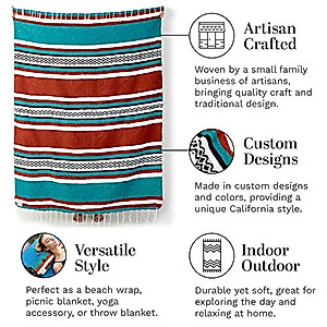 Green and Rust Mexican Blanket by Laguna Beach Textile Co - Beach, Yoga, Camping, or Decorative Throw Blanket - Traditional Handmade Serape - Rustic Green