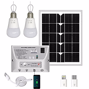 Home Solar Lighting System Mini Kit with Mobile Phone Charging Capability USB Charger for Home- for Camping- for RV 5W 5V (Includes 2 Low Watt Light Bulbs)