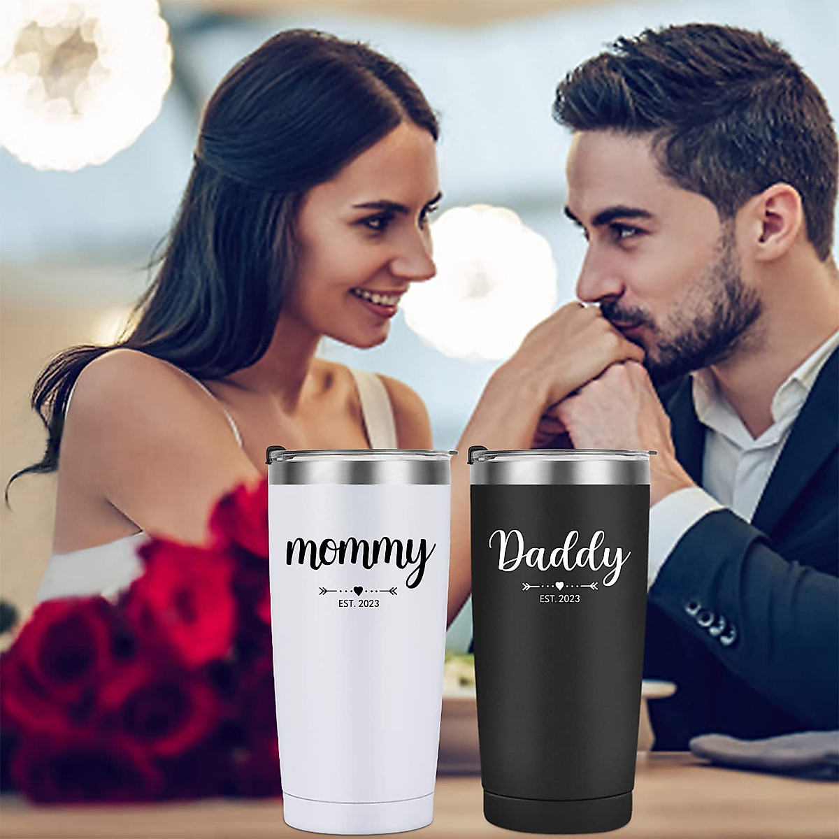 Daddy and Mommy Est 2023 Travel Tumbler, New Parents Insulated Tumblers 20Oz, Mom Dad Gift for Mother's Day, Father's Day, Christmas, New Pregnancy, Birthday, Baby Shower (Black White)
