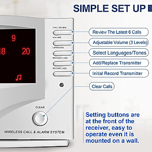 SYNLETT Wireless Calling System Nurse Call System for Nursing Home Clinic Restaurant, 15 Call Buttons with 1 Monitoring Unit for Caregivers Elderly Patients Seniors 11 Languages 3 Alert Tones, White