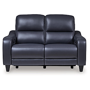 Signature Design by Ashley Mercomatic Contemporary Leather Match Wall Hugger Power Reclining Loveseat with Adjustable Headrest and USB Ports, Blue