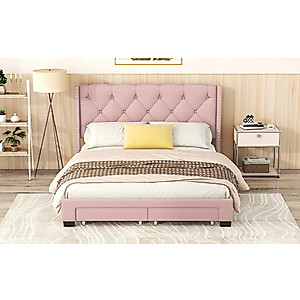 OMMGG Queen Size Upholstered Platform Bed with Two Drawers and Button Tufted Headboard, Linen Fabric Storage Bedframe w/Reinforced Wooden Slats & 4 Supporting Legs, No Box Spring Needed