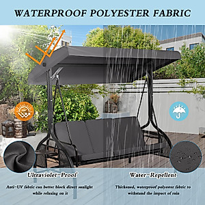 Grepatio Outdoor Porch Swing with Canopy, 3 Person Patio Porch Swing Chairs with Stand, Porch Bed Swing with Removable Cushion and Cup Holder for Patio, Garden, Poolside (Gray)