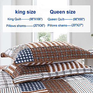 Cinefoso King Size Quilt Set, Brown Blue Striped Bedding Set, Reversible Lightweight Quilt Bedspreads for All Season, 3-Piece