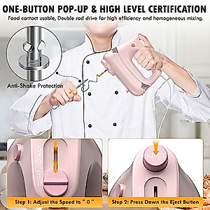 GUALIU Electric Hand Mixer with Stainless Steel Egg Beater, Dough Hook Attachment and Storage Bag Compact Lightweight Hand Mixer for Baking Cakes, Eggs, Cream Food Mixers. Turbocharged /5 Speed + Eject Button Kitchen Blender PINK