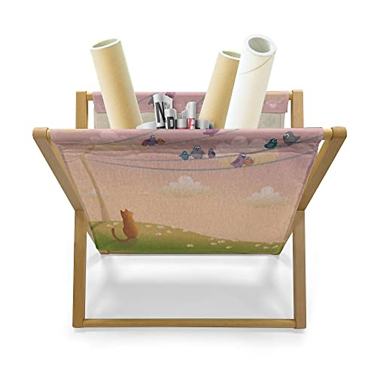 Lunarable Birds Magazine and Book Holder, Cat Looking to Birds Sitting on Electric Wires Fandom Community Art Print Home, Floor Rack Organizer for Office Home and School, 22"x19", Multicolor