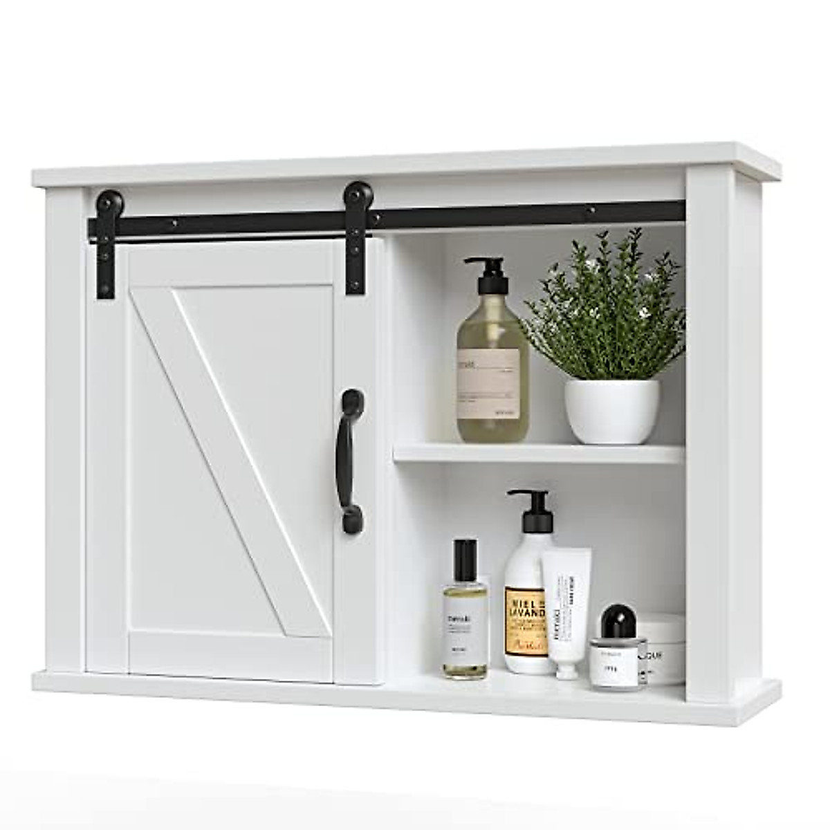 LOKO Rustic Medicine Cabinet with Sliding Barn Door, Bathroom Cabinet Wall Mounted with Adjustable Shelves, Small Bathroom Wall Cabinet Over Toilet, 8 x 27.5 x 20 inches, White