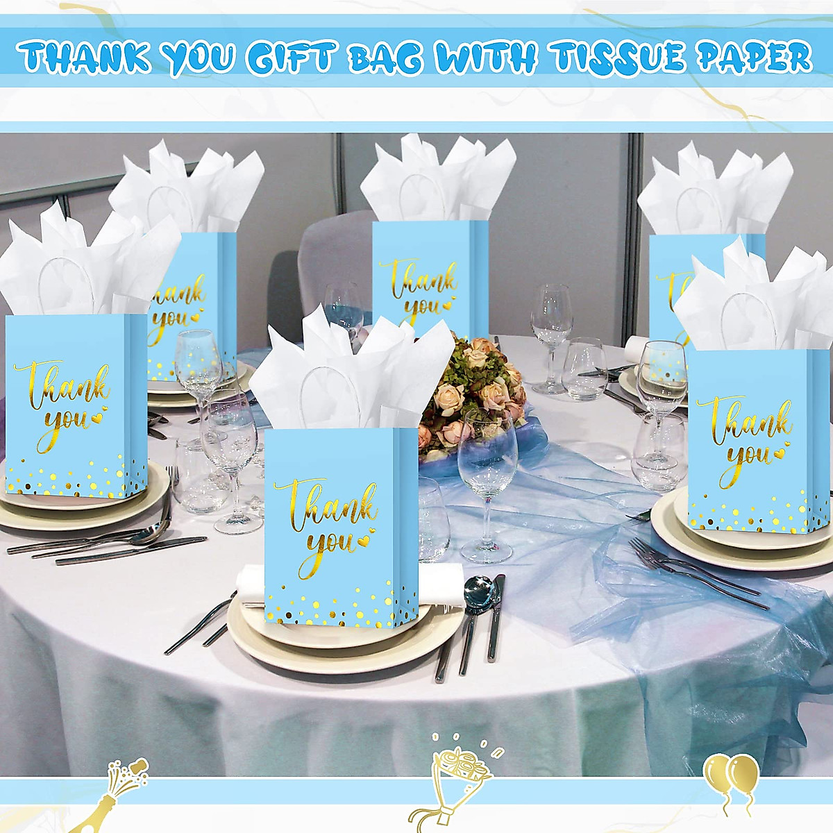 Tinlade 30 Pcs Thank You Gift Bags with Tissue Paper Gold Thank You Wedding Bags with Handle for Graduation Business Shopping Wedding Baby Shower Party Favors(Light Blue)