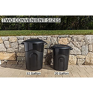 United Solutions 32 Gallon Outdoor Garbage Can, Black, Easy to Carry Garbage Can with Sturdy Construction, Pass-Through Handles & Attachable Click Lock Lid, Indoor or Outdoor Use, (Pack of 2)