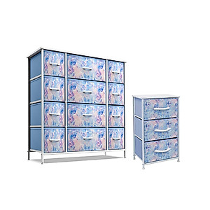 Sorbus Kids Dresser with 12 Drawers and 3 Drawer Nightstand Bundle - Matching Furniture Set - Storage Unit Organizer Chests for Clothing - Bedroom, Kids Rooms, Nursery, & Closet (Tie Dye)