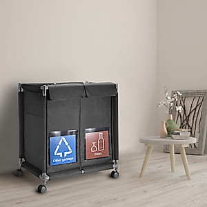 Hivexagon 2 in 1 Garbage Recycle Sorting Basket,2 Cover Top Compartments with Wheels,2 Front Transparent Display Pockets 110L Large Capacity Perfect for Kitchen Office