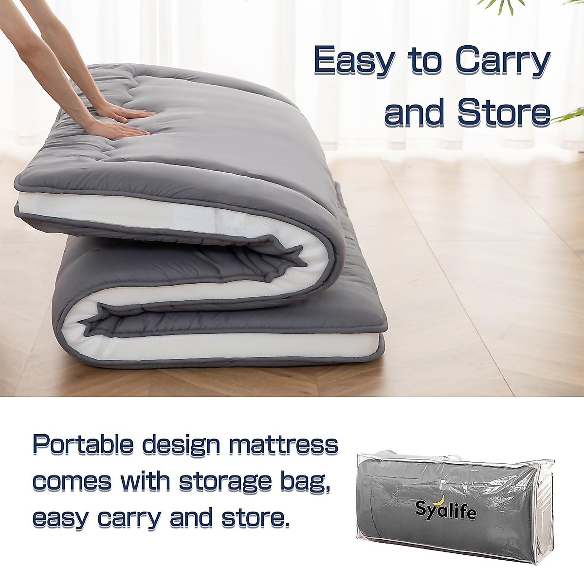Syalife Japanese Futon Mattress Floor Mattress, 4" Thicken Roll Up Tatami Mat, Foldable & Portable Floor Bed Sleeping Pad, Traditional Shiki Futon (shikibuton), Design by Japan (Grey, 54 * 80)