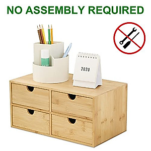 Wisuce 100% Original Bamboo Desk Organizer - Mini Bamboo Desk Drawer Tabletop Storage Organization Box for Office Home Toiletries Supplies, No Assembly Required (4 Drawer)