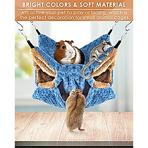 TINDTOP Small Animals Hammock, Ferret Sugar Glider Triple Bunk Bed Cage Warm Plush Hanging Hammock Bed Hideout for Hamster Guinea Pig Rat Ferret Chinchilla (Grey + Blue)