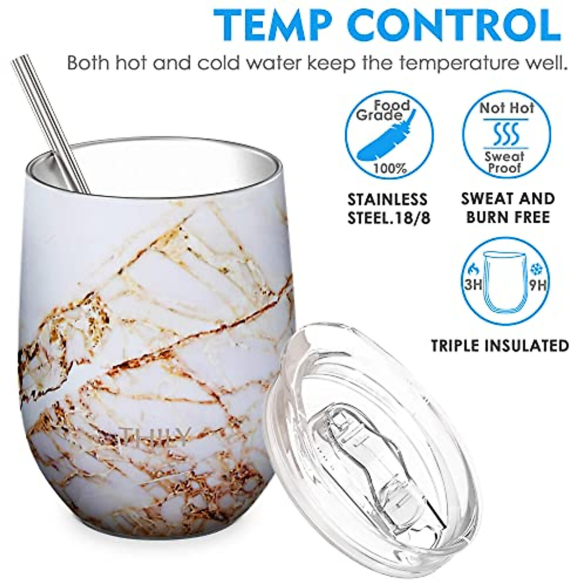 THILY Stainless Steel Insulated Wine Tumblers 12 oz Cute Travel Stemless Glasses with Sliding Lids and Metal Straws, Keep Hot or Cold for Wine, Coffee, Juice, 2 Pack(Gold Marble + Blue Marble)