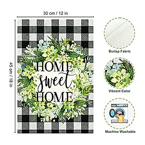 wondever Home Sweet Home Wreath Garden Flag 12×18 Double Sided Vertical Black and White Buffalo Check Plaid Burlap Watercolor Green Leaves Yard Flags for Farmhouse Yard Holiday Outdoor Flags Decor