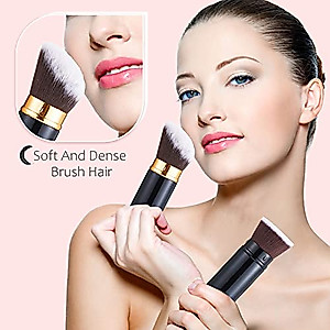 2 Piece Retractable Kabuki Brush Angled Foundation Makeup Brushes Portable Travel Flat Top Bronzer Blush Brush with Cover for Blush Bronzer, Buffing Loose Powder Cream or Liquid Cosmetics