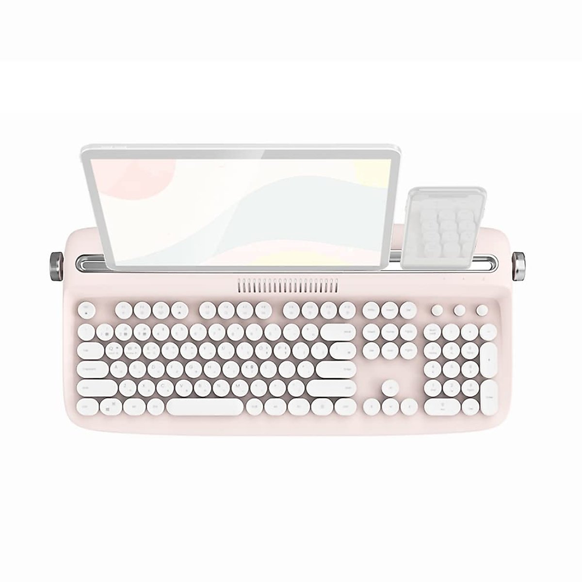 TISHLED Typewriter Keyboard Wireless Bluetooth 5.0 Retro Aesthetic Cute Kawaii Round Keycaps 106-Key with Num Pad Clicky Mechanical Feeling with Pad/Phone Holder for Windows/Mac OS/Android/iOS (Pink)