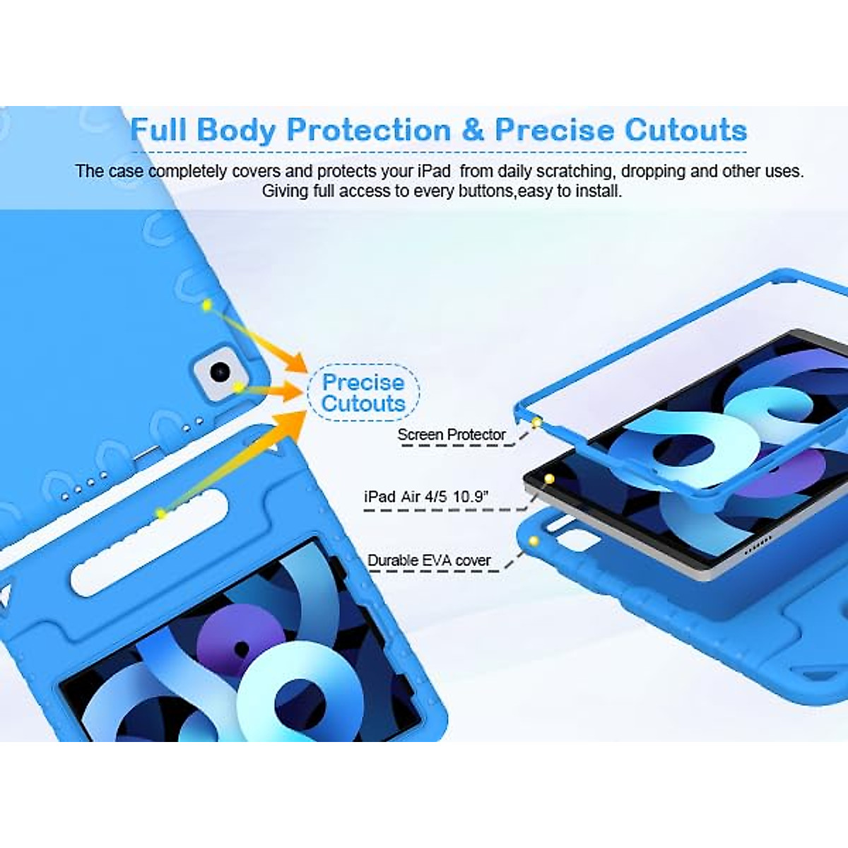 AVAWO Kids Case for iPad Air 6th Generation 2024(M2)/Air 5 2022/Air 4th 2020, iPad Air 10.9 Case & Pro 2nd/3rd Gen- Light Weight Shockproof Handle Stand Case for Kids Child Toddlers Boys, Blue