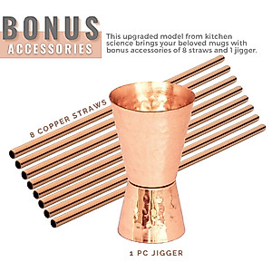 Kitchen Science [Gift Set] Moscow Mule Copper Mugs Set of 8 (16oz) w/Straws & Jigger | 100% Pure Copper Cups, Tarnish-Resistant Food Grade Lacquered Finish, Ergonomic Handle (No Rivet) w/Solid Grip