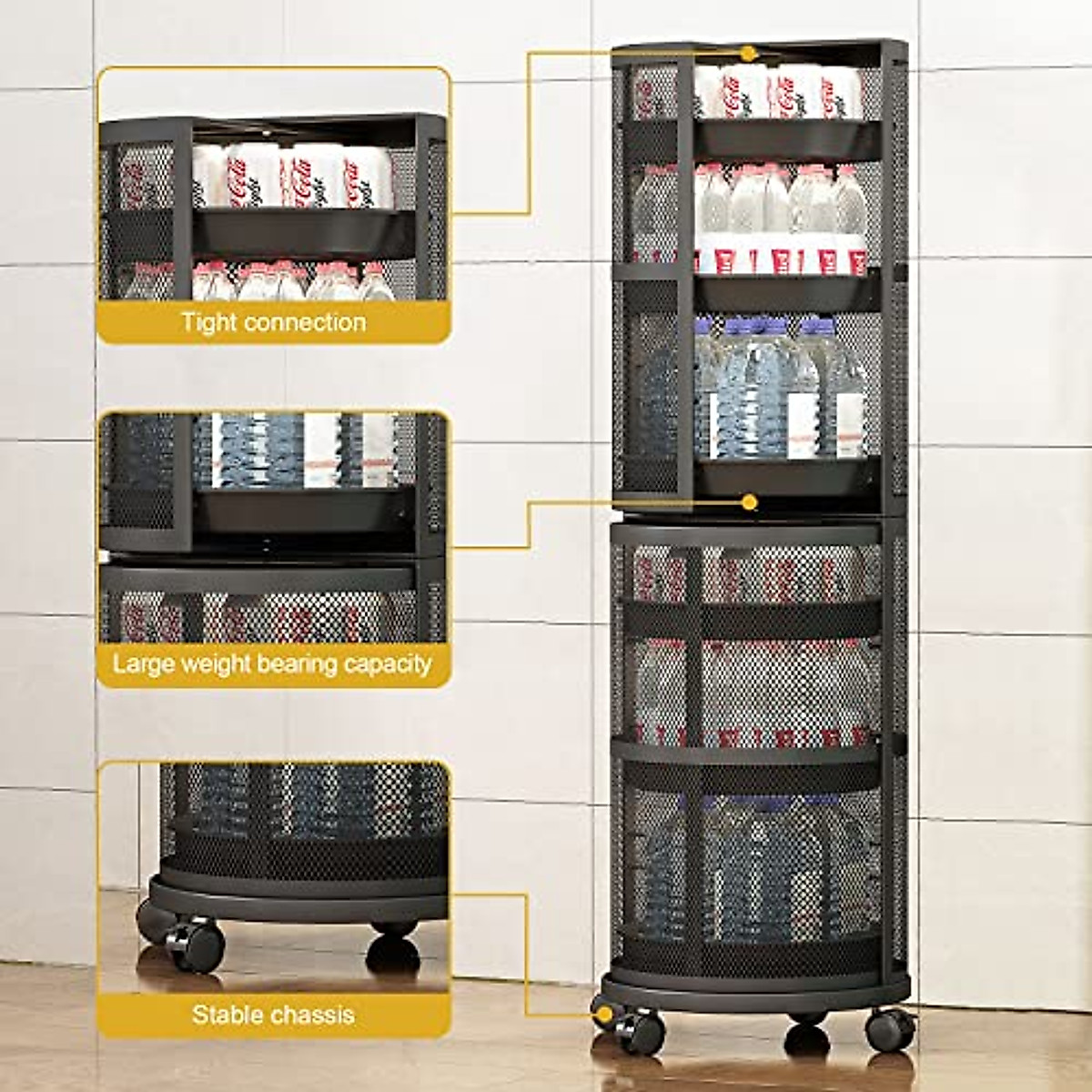 STYLIFING Rotating Rolling Storage Cart 6 Tier 360° Rotation Organizer Cart for Fruits Vegetables Snacks with Wheels & Foot Pads, Round Standing Shelf for Kitchen Living Room Bathroom Bedroom Office