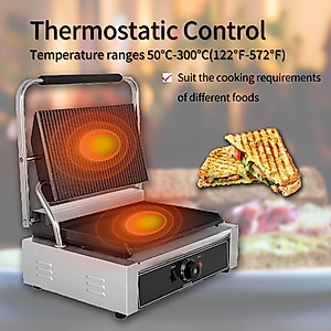 Yovtekc Commercial Panini Press Grill Flat 110V, Electric Stainless Steel Sandwich Panini Maker Non-stick 2200W, Temperature Control 122℉-572℉ for Hamburgers Steaks Bacons