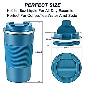 Coffee Travel Mug, 17OZ Double Walled Insulated Vacuum Coffee Tumbler With Leakproof Flip Insulated Coffee Mug, For Hot And Cold Water Coffee And Tea In Travel Car Office School Camping (Blue, 17OZ)