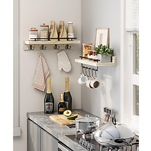 Wood Floating Shelves with Hooks, Wall Mounted Coat Rack with Shelf Set of 2, Bathroom Wall Shelf with Removable Towel Bar, Hanging Shelves with 9 Hooks for Kitchen Entryway Coffee Bar, Maple Wood