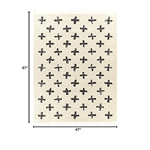 Hauteloom Alstead Farmhouse Swiss Cross Geometric Shag Area Rug - Fluffy High Pile Super Soft Rug with Tassels for Living Room, Bedroom, Dining Room - Cream, Beige, Black - 3'11" x 5'7"