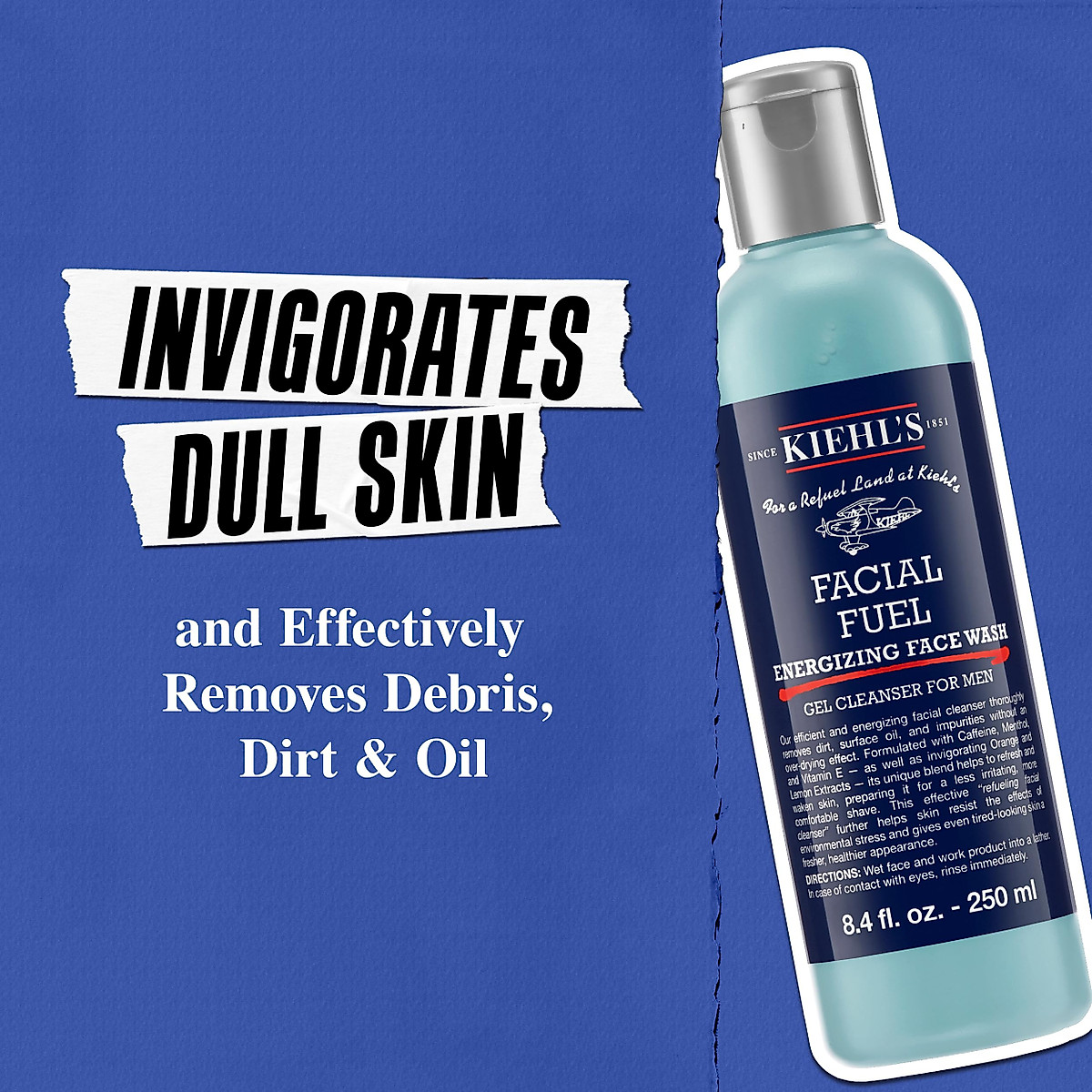 Kiehl's Facial Fuel Face Wash, Refreshing + Invigorating Men's Gel Cleanser, with Caffeine, Vitamin E and Menthol, Non-Drying Formula Moisturizes Skin, Great for Clogged Pores - 16.9 fl oz