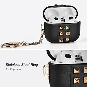 Nereides Compatible with AirPods 3 Case, Protective Leather Cover with Keychain, High-end Fashion Design Skin with Bling Rivets for Women, Supports Wireless Charging, Black