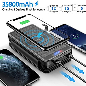 Solar-Charger-Power-Bank - 35800mAh with Dual 5V3.1A Outputs 10W Qi Wireless Charger Waterproof Built-in 4 Solar Panel and Bright Flashlights