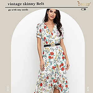 JASGOOD 2 Pack Women Skinny Elastic Belt for Dresses Thin Retro Stretch Ladies Waist Belt with Gold Buckle, A-Black+Brown, Fit Waist Size 31”-36”