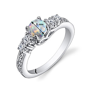 PEORA Created White Fire Opal Ring 925 Sterling Silver, Sweetheart Solitaire, Round Shape Cabochon, Comfort Fit, Size 8