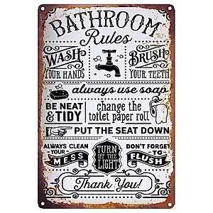 CLYSLA Funny Bathroom Metal Sign Decor Vintage Bathroom Rules Tin Sign Wall Decor for Home Bathroom Decor 8x12 Inch