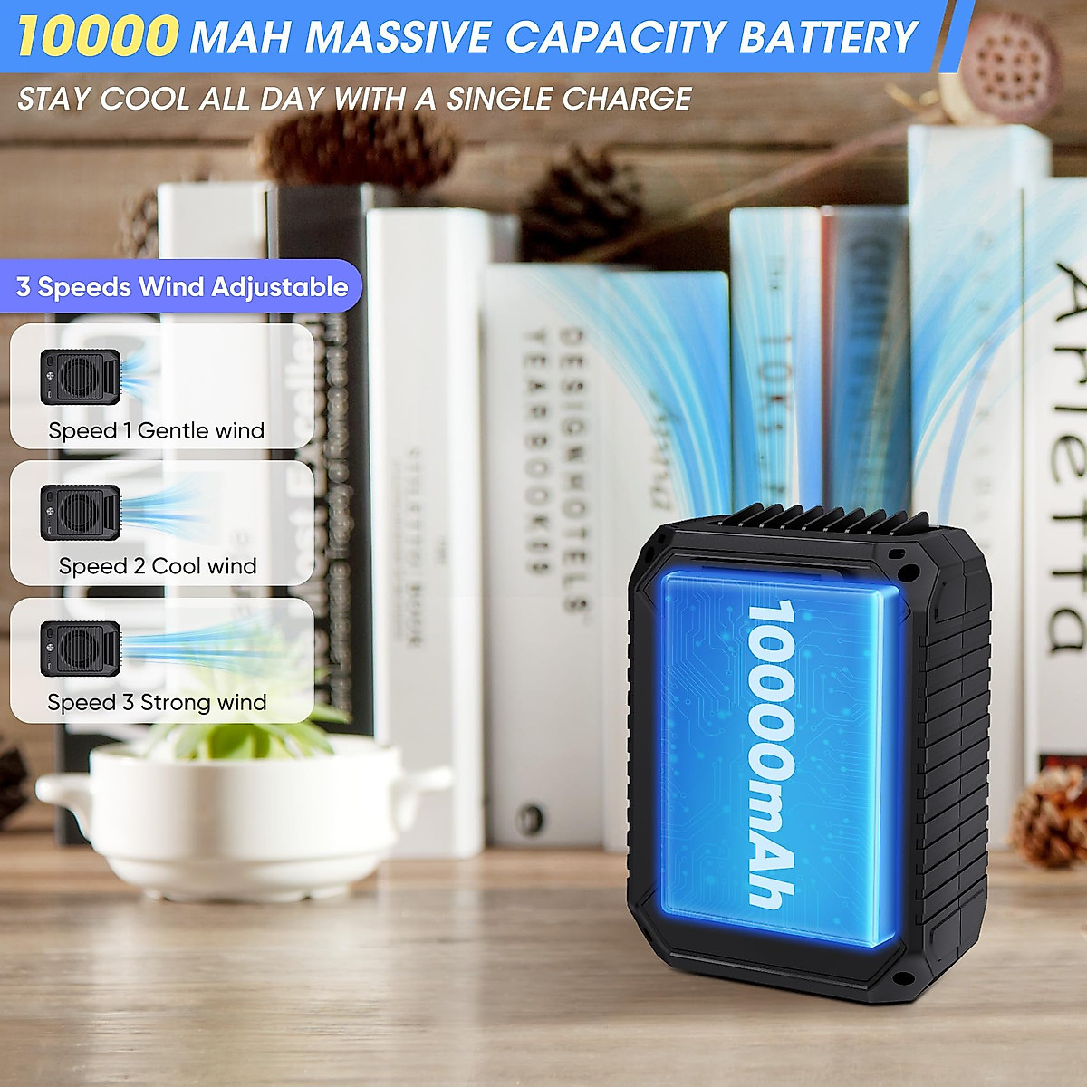 Portable Waist Clip Fan, 10000mAh Battery Powered Hands-free Cooling Body Fan with Max 24H Working Time & 3 Speeds 6500RPM Strong Airflow, Wearable Belt Personal Fan for Outdoor