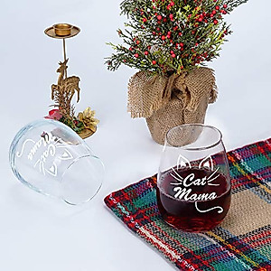 Cat Mama Stemless Wine Glass for Women Cat Mama Friend Cat Mom Cat Lovers Cat Lady Wife Cat Owner Birthday Christmas, Funny Cat Themed Wine Gifts Idea, 15Oz