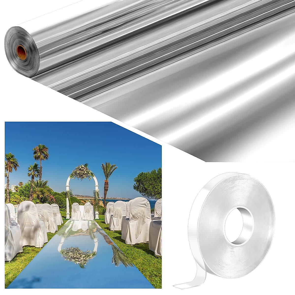 Tinideya 3.3 x 98.4 ft Aisle Runner for Wedding Ceremony Double Sided Reflective Carpet Mirror Aisle Runner for Wedding Walkway Runner Rug Roll for Outdoor Birthday Graduation Party Decor (Silver)