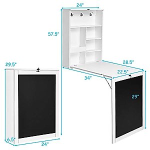 IFANNY Folding Wall Desk, Wall Mounted Fold Out Desk with Storage Shelves & Hooks, Hideaway Desk Wall Mount with Chalkboard, Floating Corner Desk for Small Spaces (White)