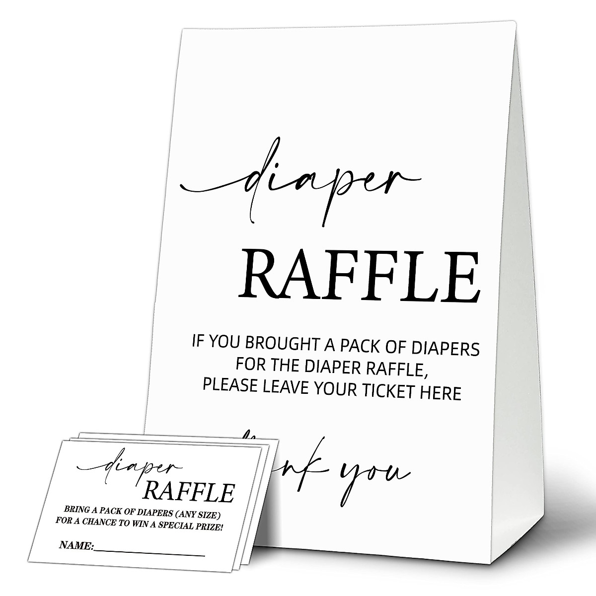 Baby Shower Game Card Set, Diaper Raffle Tickets and Sign, Modern Black and White 1 Sign and 50 Cards, Minimalist Boy Girl Gender Neutral Baby Shower Supplies-B01