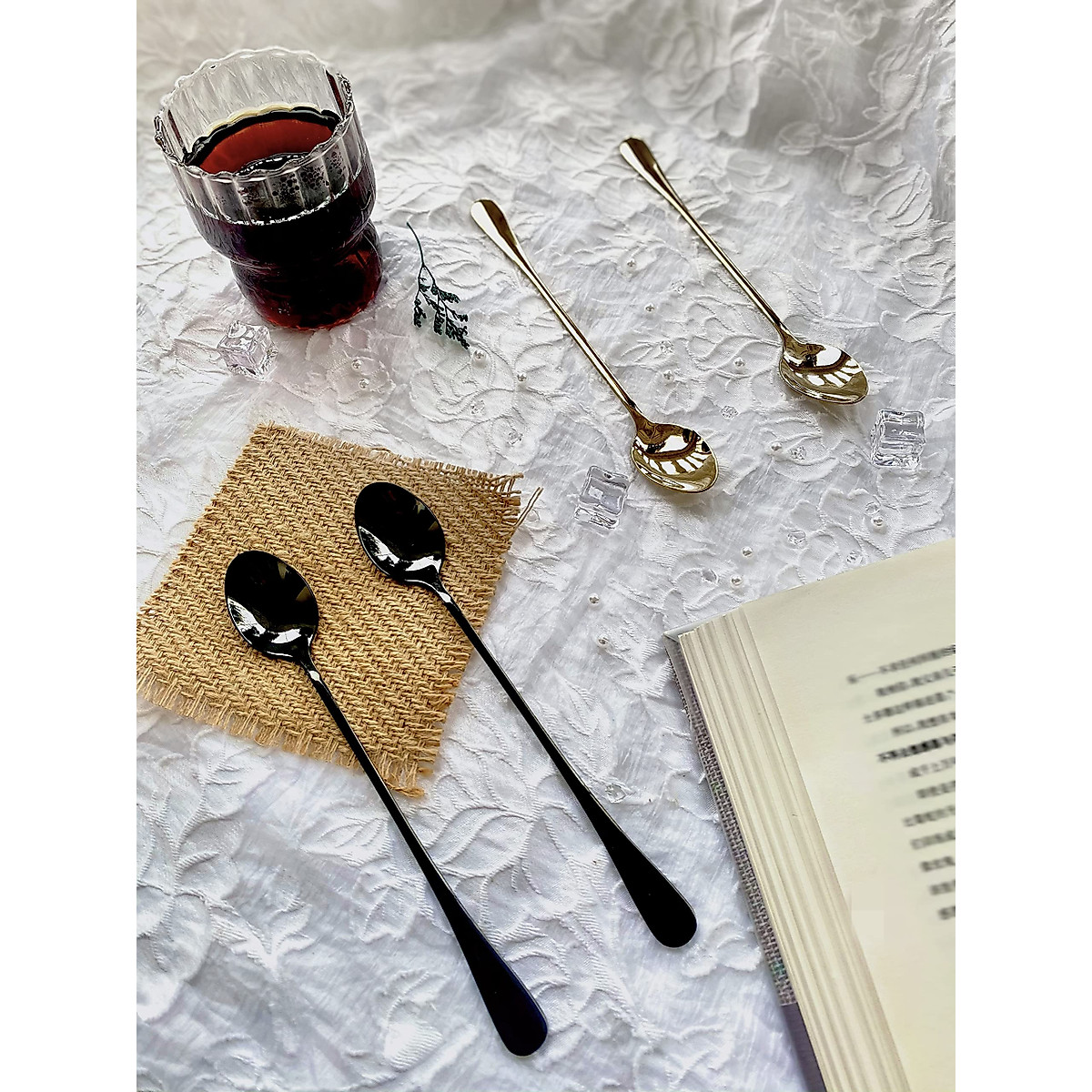 M.S. Long-handled ice tea spoon, cocktail stir spoons, stainless steel coffee spoons, ice cream scoop Set of 5(purple,7.68inch)