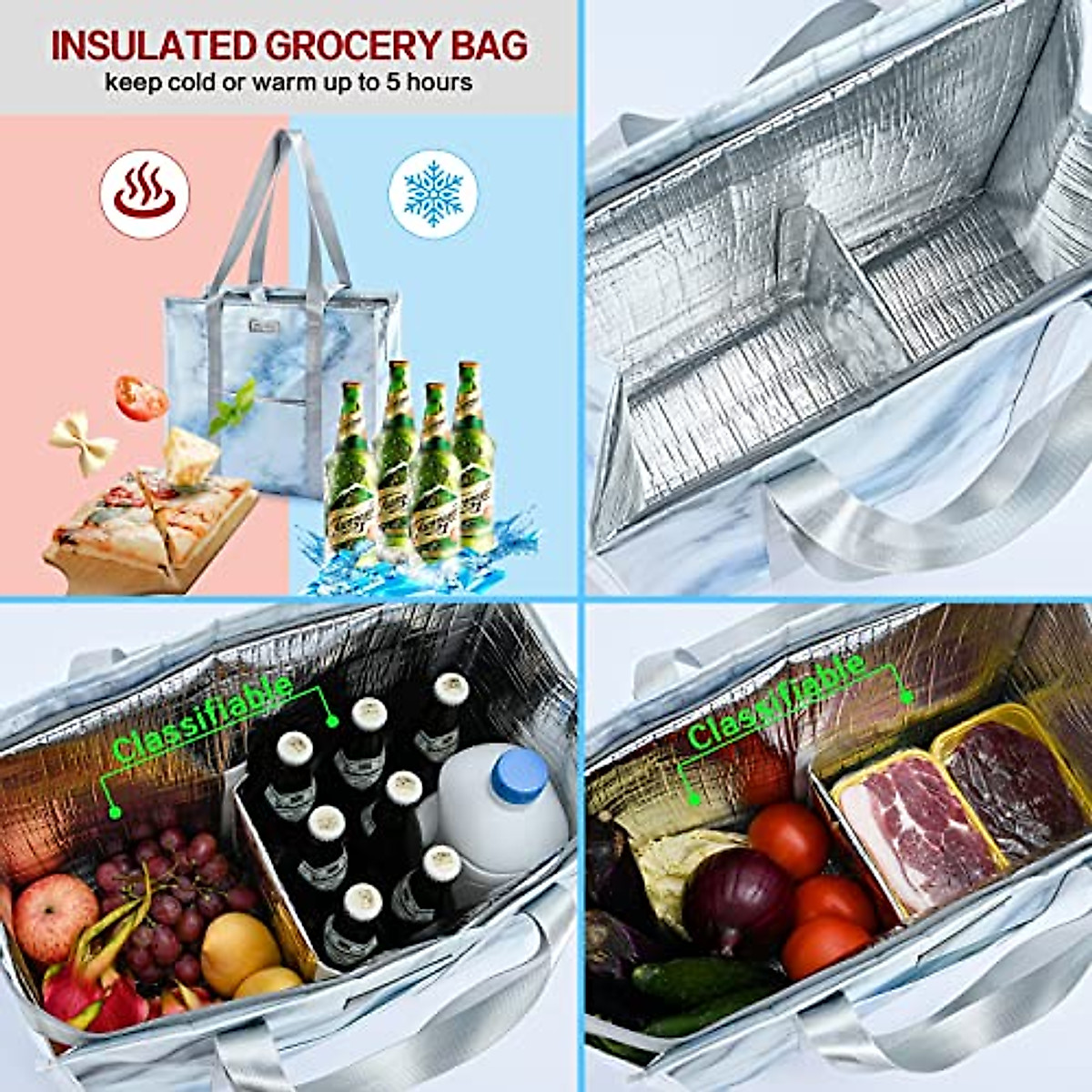 Ladbodun Insulated Grocery Bags With Zippered Top, Reusable Shopping Tote Cooler Bag Large Stand Up Food Carrier Delivery For Groceries Thermal Hot Or Cold Frozen Foods For Camping Travel xl 2Pack