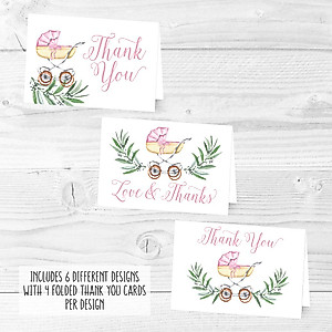 Hadley Designs 24 Pink Carriage Baby Shower Thank You Cards With Envelopes, Girl Sprinkle Thank-You Note, 4x6 Gratitude Card Gift For Guest Pack, Gender Reveal DIY So Grateful Greenery Vintage