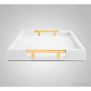 Modern Elegant 18"x12" Rectangle White Glossy Shagreen Decorative Ottoman Coffee Table Perfume Living Room Kitchen Serving Tray with Gold Polished Metal Handles by Home Redefined for All Occasion's