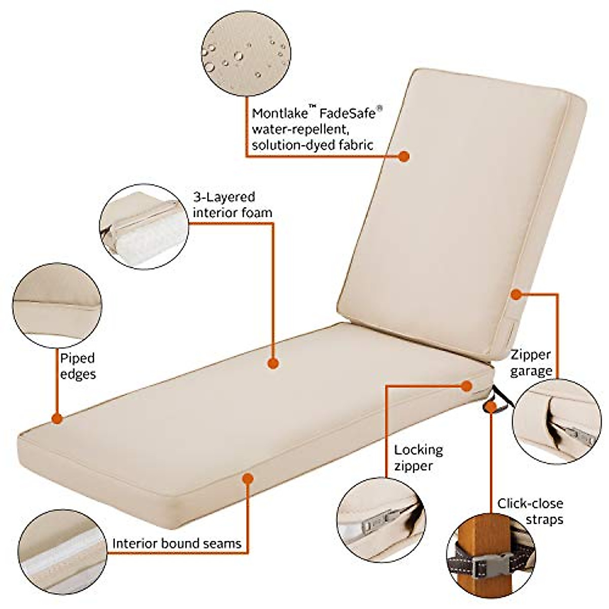 Classic Accessories Montlake FadeSafe FadeSafe Water-Resistant 80 x 26 x 3 Inch Patio Chaise Lounge Cushion, Antique Beige, Patio Cushion