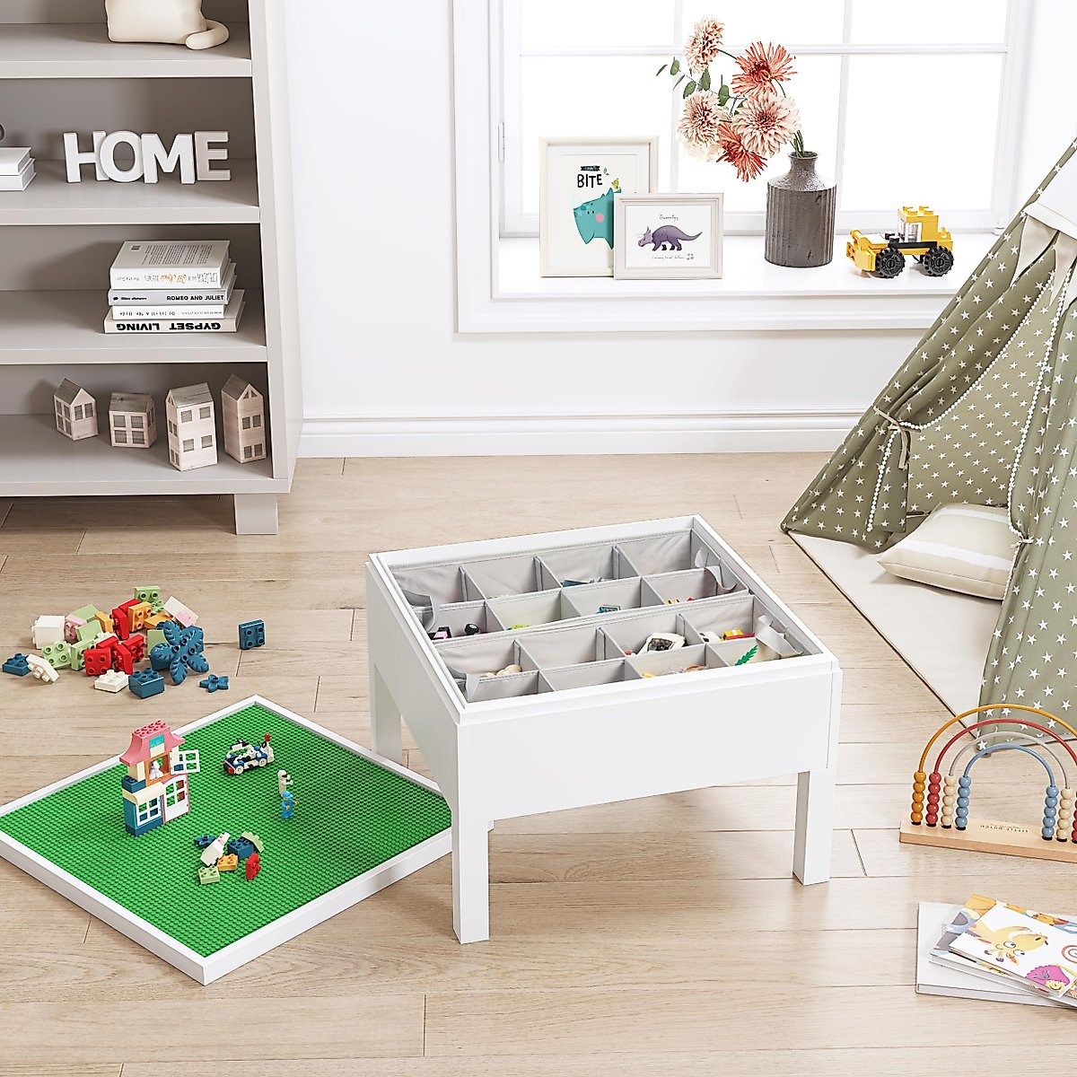 UTEX 3 in 1 Kids Activity Table with Storage, Kids Construction Play Table Compatible with Lego and Duplo Bricks, Chess Table for Building Block, Chess Gaming,Drawing, Crafts