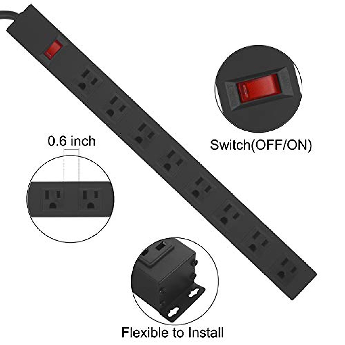 Metal 8 Outlet Mountable Power Strip, Wall Mount Outlet Power Strip Heavy Duty, Wide Spaced Commercial Shop Power Strip with Switch, 15A 125V 1875W, 6 FT SJT 14AWG Power Cord (6FT) Black