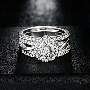 MDFUN Stackable Rings for Women 18K White Gold Plated Three-in-One Teardrop Mini Halo CZ Wedding Engagement Promise Eternity Band (7)
