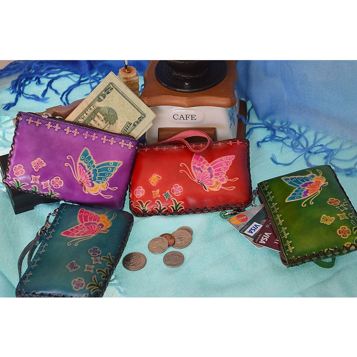 BPLeathercraft Leather Change Purse, handmade Wallet, Rectangle,A Flying Butterfly and Flower (Red-1)