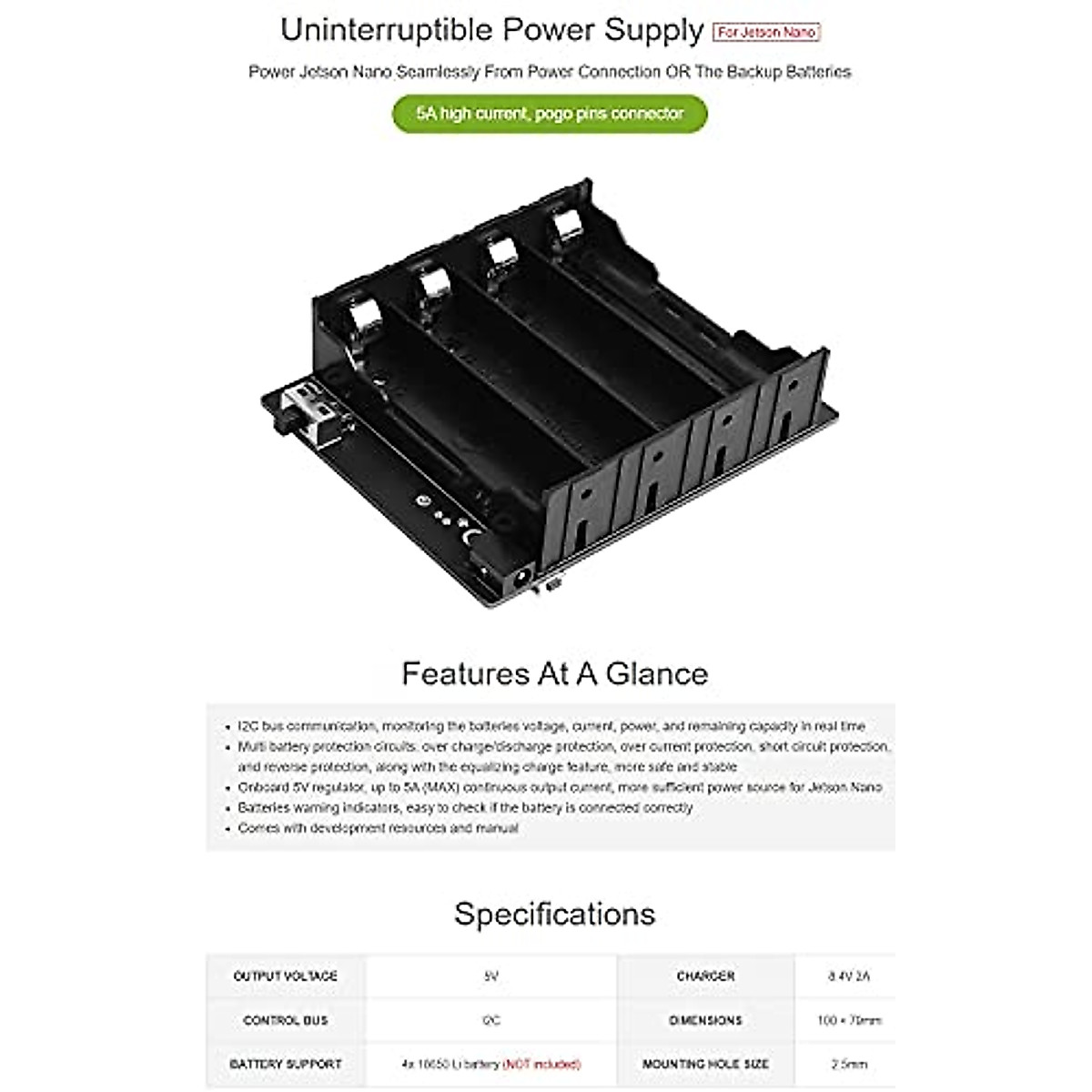 Waveshare UPS Power Module (B) for Jetson Nano 5V Uninterruptible Power Supply 5A High Current with Pogo Pins Connector
